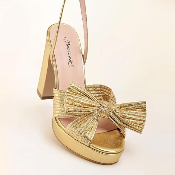 MUCCCUTE | Shoes | New Mucccute Womens Gold Chunky Platform Bow Heels ...